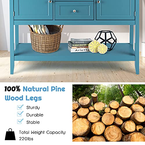 Hysache Buffet Sideboard, Wood Buffet Cabinet with 2 Drawers and 2 Storage Cabinets, Sideboard with Bottom Shelf, Ideal for Kitchen Living Room (Blue)