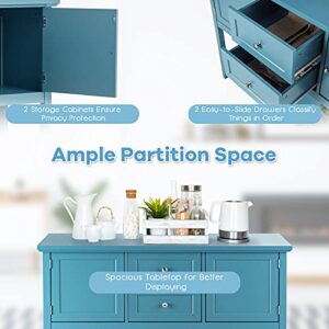 Hysache Buffet Sideboard, Wood Buffet Cabinet with 2 Drawers and 2 Storage Cabinets, Sideboard with Bottom Shelf, Ideal for Kitchen Living Room (Blue)