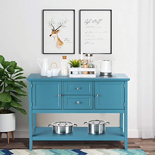 Hysache Buffet Sideboard, Wood Buffet Cabinet with 2 Drawers and 2 Storage Cabinets, Sideboard with Bottom Shelf, Ideal for Kitchen Living Room (Blue)