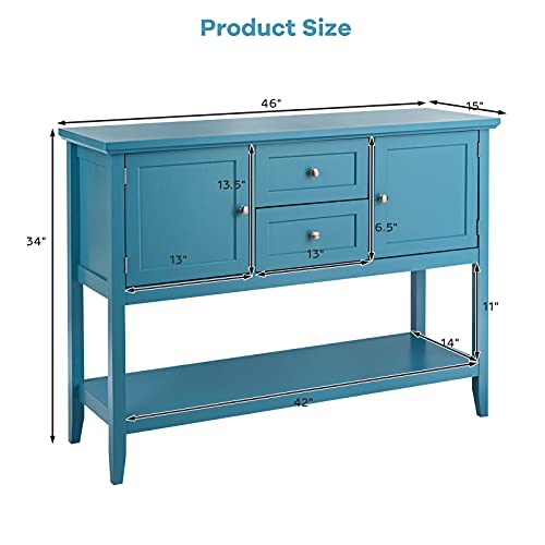 Hysache Buffet Sideboard, Wood Buffet Cabinet with 2 Drawers and 2 Storage Cabinets, Sideboard with Bottom Shelf, Ideal for Kitchen Living Room (Blue)