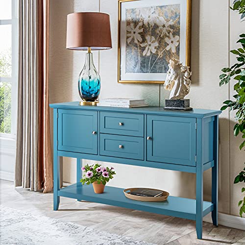 Hysache Buffet Sideboard, Wood Buffet Cabinet with 2 Drawers and 2 Storage Cabinets, Sideboard with Bottom Shelf, Ideal for Kitchen Living Room (Blue)