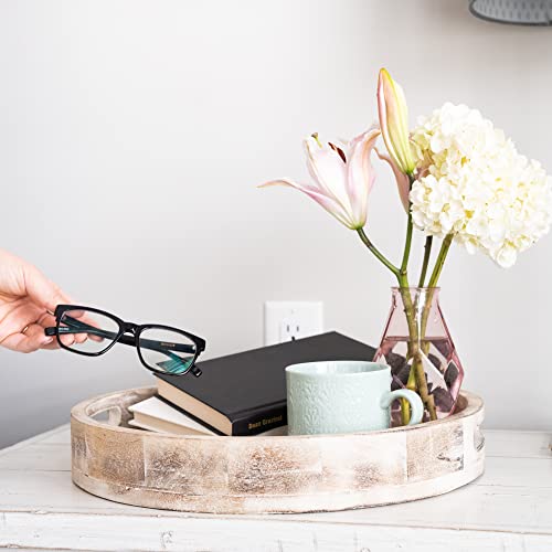 Walbrook Round Serving Tray with Handles - 16" Coffee Table Tray, Decorative Tray, Large Ottoman Tray, Wooden Tray, Rustic Round Tray, Wood Tray, Farmhouse Tray, White Tray, Round Wood Tray