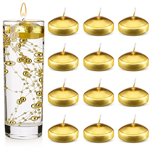 12 Pieces 1.65 Inch Floating Candles for Wedding Centerpiece, Small Unscented Floating Candles Round Tea Lights Candles Metallic Smooth Wax Floating Disc Candles for Dinner Home Decor (Gold)