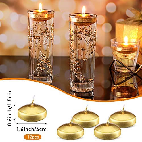 12 Pieces 1.65 Inch Floating Candles for Wedding Centerpiece, Small Unscented Floating Candles Round Tea Lights Candles Metallic Smooth Wax Floating Disc Candles for Dinner Home Decor (Gold)