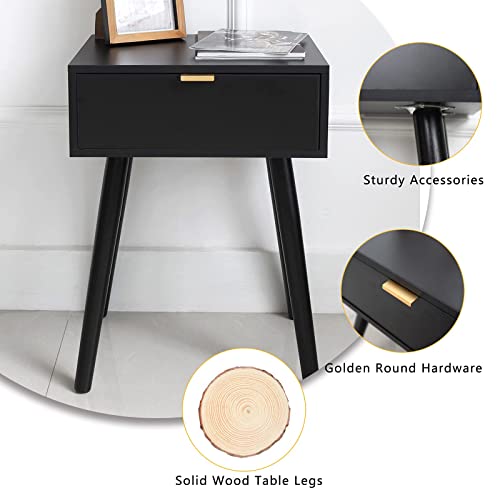 Cloud Space Mid Century Modern Nightstand, Black End Table with a Storage Drawer, Versatile Wood Side Table for Bedroom, Living Room, Lounge, Stable and Sturdy Design