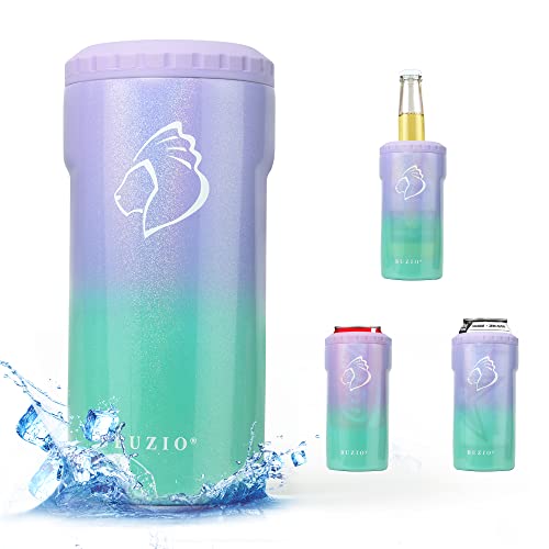 BUZIO 4-IN-1 Insulated Can Cooler for 12oz Skinny Cans, Regular Cans & Beer Bottles, Keep Cold for 6 Hours, Sweat Free Double Walled Stainless Steel Vacuum Beverage Can Insulator, Glitter Mermaid