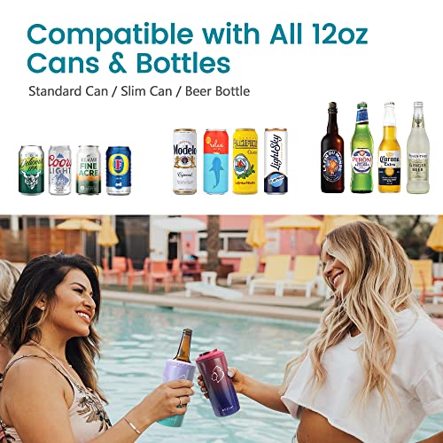 BUZIO 4-IN-1 Insulated Can Cooler for 12oz Skinny Cans, Regular Cans & Beer Bottles, Keep Cold for 6 Hours, Sweat Free Double Walled Stainless Steel Vacuum Beverage Can Insulator, Glitter Mermaid