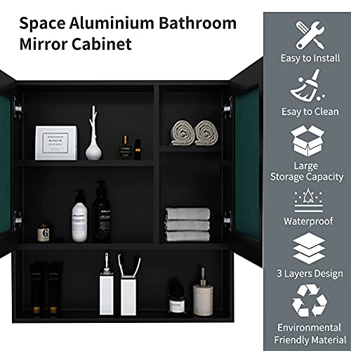 prosfalt 28x24in Mirror Medicine Cabinets with Double Doors, Space Aluminum Wall Mounted Storage Cabinets for Bathroom, Waterproof and Rust-Resist, Recess or Surface Mount - Black,353653765