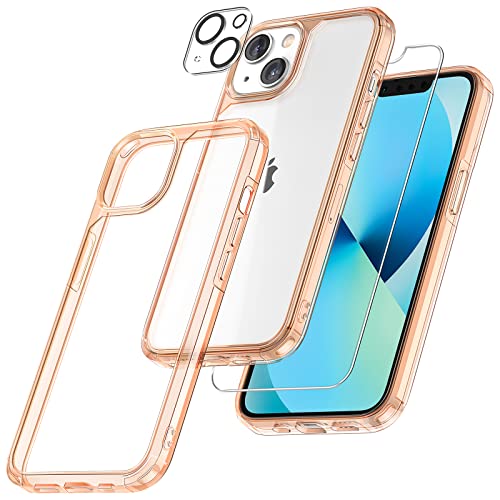 TAURI [5 in 1 Defender Designed for iPhone 13 Case, [Not-Yellowing] with 2X Tempered Glass Screen Protector + 2X Camera Lens Protector [Military-Grade Drop Protection] Shockproof 6.1 Inch Rose Gold