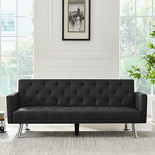 Modern Convertible Folding Futon Sofa Bed, Black Fabric Sleeper Sofa Couch for Compact Living Space.