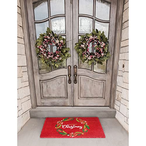 Rugsmith Red Machine Tufted Holiday Merry Christmas Wreath Area Rug, 18" x 30"