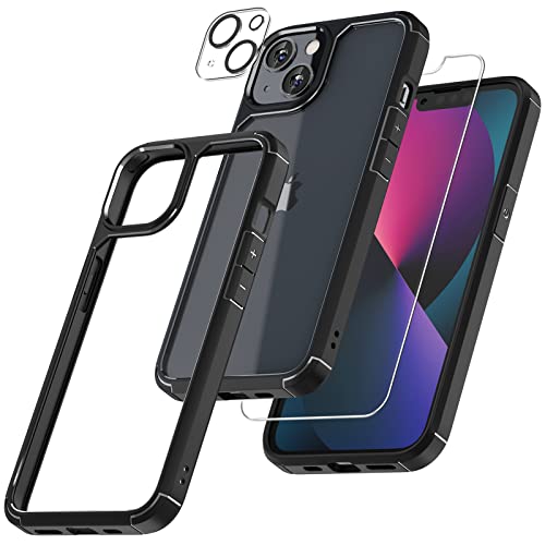 TAURI [5 in 1 Defender Designed for iPhone 13 Case 6.1 Inch, with 2 Pack Tempered Glass Screen Protector + 2 Pack Camera Lens Protector [Military Grade Protection] Shockproof Slim Thin Black