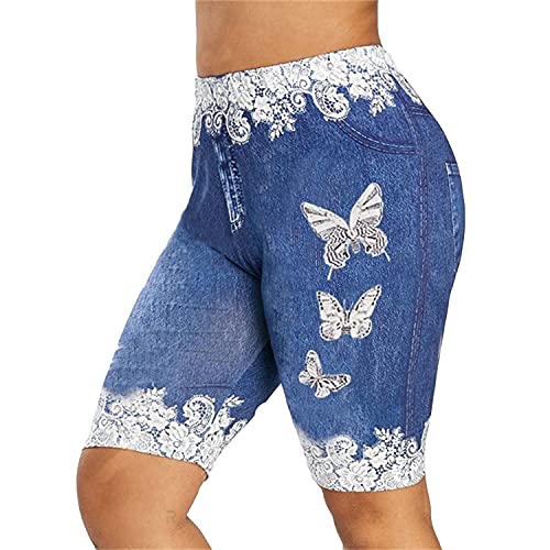 Women's Butterfly Print Short Jeans Knee Length Bermuda Short Jean Pants Fitness High Waisted Short Denim Leggings (Blue 1,Medium)