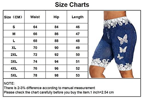 Women's Butterfly Print Short Jeans Knee Length Bermuda Short Jean Pants Fitness High Waisted Short Denim Leggings (Blue 1,Medium)