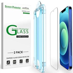 amfilm onetouch glass screen protector for iphone 12 6.1"/ iphone 12 pro 6.1" with easy installation kit, tempered glass, 2 pack