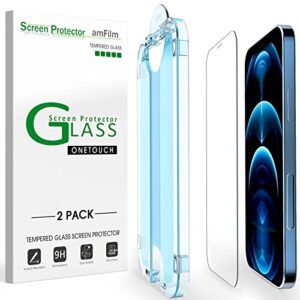 amfilm onetouch screen protector for iphone 12 pro max (6.7", 2020) with easy installation kit, tempered glass, 2 pack