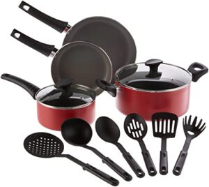 bella cookware set, 12 piece pots and pans with utensils, nonstick scratch resistant cooking surface compatible with all stoves, nylon and aluminum, red