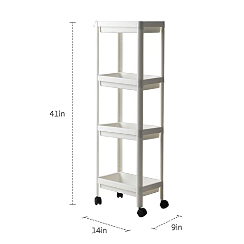 4 Tier Storage Trolley -Utility Cart and Hooks Standing Shelves for Kitchen Bathroom Living Room Bedroom Laundry Room