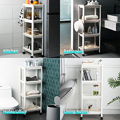 4 Tier Storage Trolley -Utility Cart and Hooks Standing Shelves for Kitchen Bathroom Living Room Bedroom Laundry Room