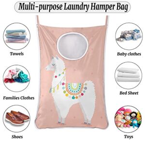 Cute Alpaca Hanging Laundry Hamper Bag with 2 Door Hooks, Pink Alpaca Holding Dirty Clothes Bag, Saving Space Hanging Laundry Bag for Door Wall, Closet, Bathroom