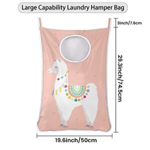 Cute Alpaca Hanging Laundry Hamper Bag with 2 Door Hooks, Pink Alpaca Holding Dirty Clothes Bag, Saving Space Hanging Laundry Bag for Door Wall, Closet, Bathroom