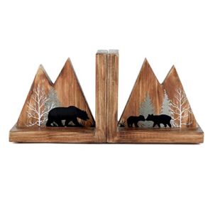 NIKKY HOME Heavy Duty Non Slip Rustic Woodland Mountain Wooden Bookend Cute Bear Book Ends Book Stoppers for Cabin Decor Home and Office Shelves Kids Children