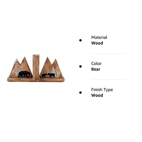 NIKKY HOME Heavy Duty Non Slip Rustic Woodland Mountain Wooden Bookend Cute Bear Book Ends Book Stoppers for Cabin Decor Home and Office Shelves Kids Children