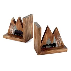 NIKKY HOME Heavy Duty Non Slip Rustic Woodland Mountain Wooden Bookend Cute Bear Book Ends Book Stoppers for Cabin Decor Home and Office Shelves Kids Children