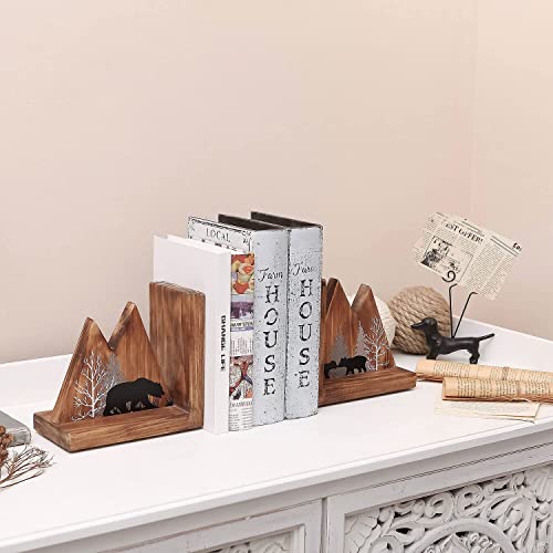 NIKKY HOME Heavy Duty Non Slip Rustic Woodland Mountain Wooden Bookend Cute Bear Book Ends Book Stoppers for Cabin Decor Home and Office Shelves Kids Children