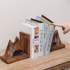 NIKKY HOME Heavy Duty Non Slip Rustic Woodland Mountain Wooden Bookend Cute Bear Book Ends Book Stoppers for Cabin Decor Home and Office Shelves Kids Children