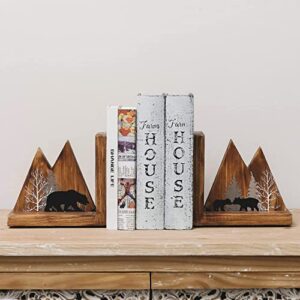 NIKKY HOME Heavy Duty Non Slip Rustic Woodland Mountain Wooden Bookend Cute Bear Book Ends Book Stoppers for Cabin Decor Home and Office Shelves Kids Children