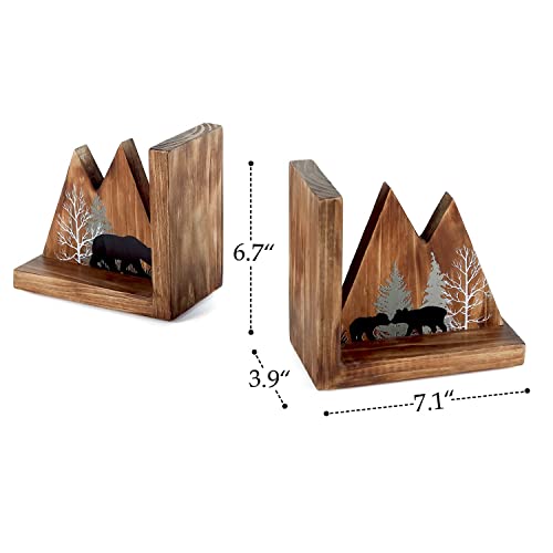 NIKKY HOME Heavy Duty Non Slip Rustic Woodland Mountain Wooden Bookend Cute Bear Book Ends Book Stoppers for Cabin Decor Home and Office Shelves Kids Children