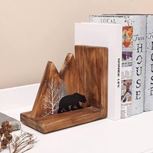 NIKKY HOME Heavy Duty Non Slip Rustic Woodland Mountain Wooden Bookend Cute Bear Book Ends Book Stoppers for Cabin Decor Home and Office Shelves Kids Children