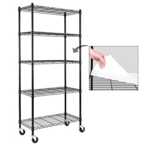 efine 5-shelf shelving units and storage on 3'' wheels with shelf liners set of 5, nsf certified, adjustable heavy duty carbon steel wire shelving unit (30w x 14d x 63.7h) pole diameter 1 inch