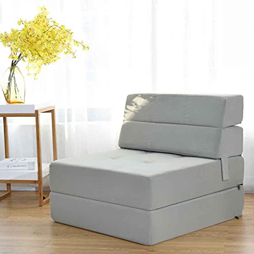 Mayjooy Tri-Fold Sofa Bed, Triple Fold Down Floor Couch w/Washable Cover & Flocking Surface, Modern Convertible Futon Sleeper Chair for Living Room/Bedroom, Upholstered Guest Chaise Lounge (Gray)