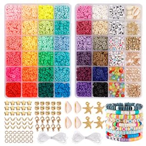 quefe 5000pcs clay heishi beads for bracelet jewelry making, polymer flat round clay beads kit with 240pcs letter beads, pendant charms and elastic strings, 36 colors 6mm