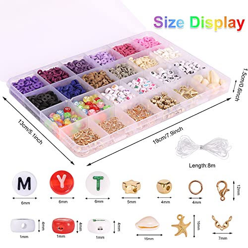 Quefe 5000pcs Clay Heishi Beads for Bracelet Jewelry Making, Polymer Flat Round Clay Beads Kit with 240pcs Letter Beads, Pendant Charms and Elastic Strings, 36 Colors 6mm