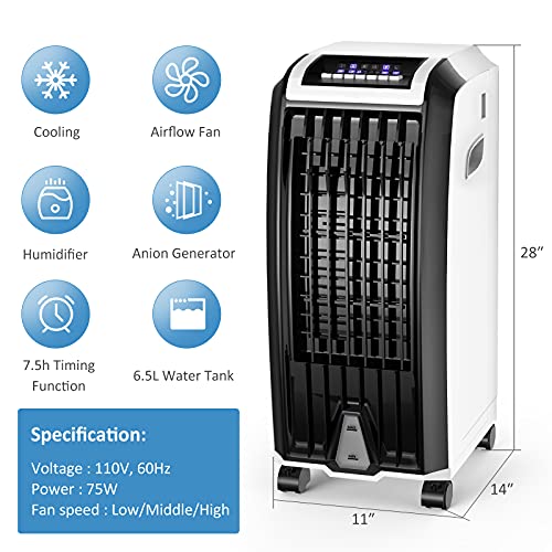 KOTEK Evaporative Cooler, Portable Air Cooler, Fan & Humidifier w/7.5H Timer, Anion Function, 3 Modes & 3 Speeds, Bladeless Quiet Evaporative Air Cooler w/Remote Control for Home, Office