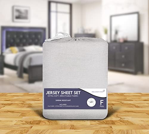 Dreamer's Nest Jersey Bed Sheet Set Cotton Blend Knit 3 Piece - 1 Flat Sheet 1 Fitted Sheet 1 Pillowcases T-Shirt Soft Stretchable Sheets All Season Bedding (Grey Stripe, Twin)