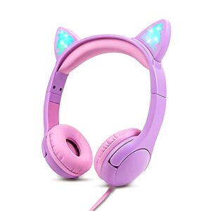 olyre kids headphones, safe 85db volume control light up cat ear headphones for ipad fire tablet kindle, on-ear led children headphones for school learning travel - purple/pink