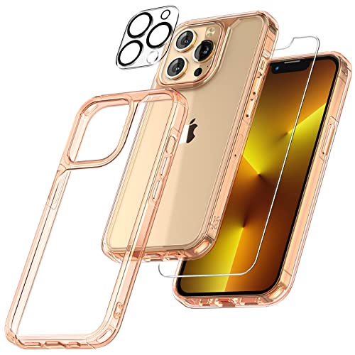 TAURI 5-in-1 for iPhone 13 Pro Case, Not Yellowing, with 2 Tempered Glass Screen Protector + 2 Camera Lens Protector [Military Grade Protection] Shockproof Slim Phone Case 6.1 Inch, Rose Gold