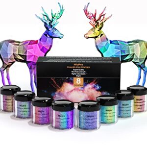 Nicpro 8 Color Chameleon Powder Pigment Set, Updated Mica Powder for Epoxy Resin, Soap Making, Candle Making, Bath Bombs, Slime, Flakes Eyeshadow, Nail Art, Christmas Makeup (0.17 oz/jar)