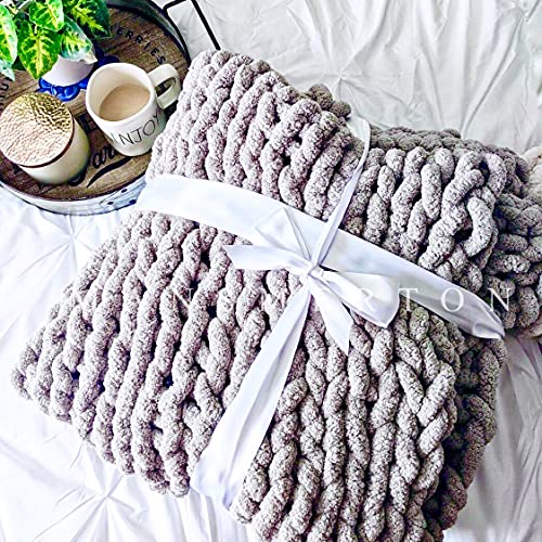 Mansmerton Chunky Knit Blanket Throw-Large50"x60"Grey-Warm Soft crochet Chenille Yarn Thick Knit Blanket for Bed-cozy Cable knit queen Blanket-Big Weighted Chunky Blanket-Boho Home Decor，Gift Washable