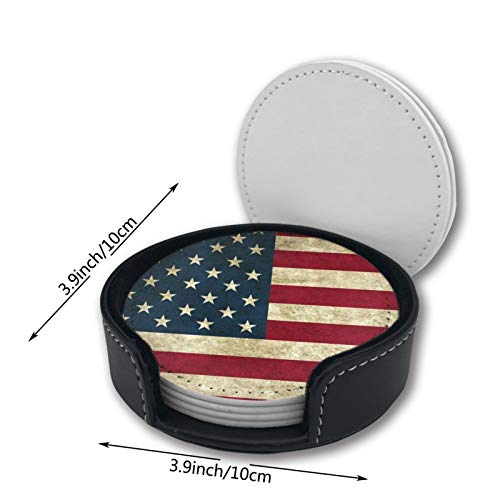 American Flag USA Flag Leather Drinks Coasters with Holder Set of 6, Suitable for Kinds of Cups