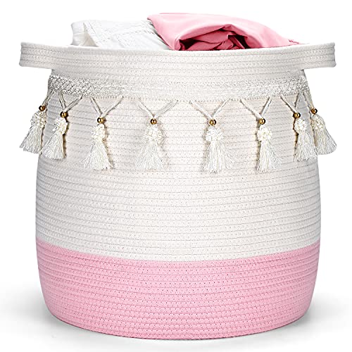 childishness ndup Large Cotton Rope Basket, Tassel Woven Storage Basket for Toy, Laundry and Blanket Organizer Basket, Round Hamper Basket with Handles for Kid's Room 17.7"x16.9"