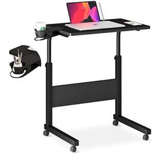 klvied standing desk adjustable height, stand up desk with cup holder, portable laptop desk, mobile standing desk, small computer desk, bedside table, black rolling desk, work desk for home office