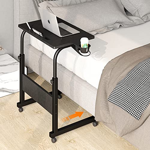 Klvied Standing Desk Adjustable Height, Stand Up Desk with Cup Holder, Portable Laptop Desk, Mobile Standing Desk, Small Computer Desk, Bedside Table, Black Rolling Desk, Work Desk for Home Office