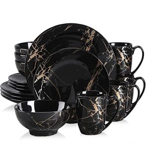 plates and bowls sets for 4, black dinnerware sets 16 piece gold splash glaze round dish set, lovecasa porcelain plate set with mugs dishwasher microwave safe