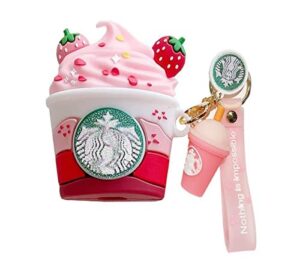 airpods case,3d cute funny cool kawaii fashion ice cream cup airpods case,soft silicone skin cover shock-absorbing protective case with keychain for airpods 2 & 1 charging case (red strawberry)