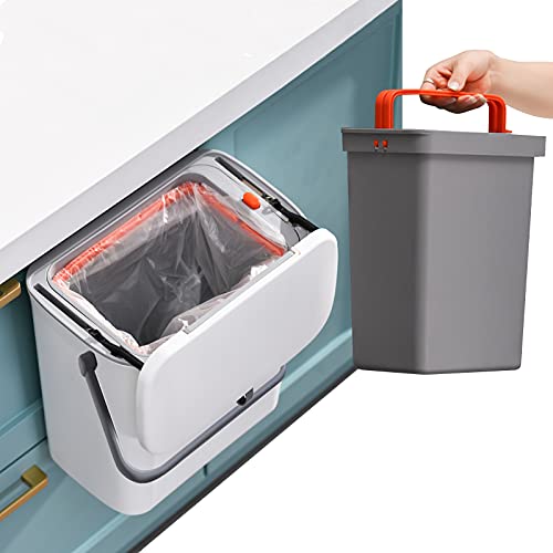 2 IN 1 Kitchen Trash Can With Slide Lid, Under Sink Garbage Can, 2.4 Gal Waste Bins With Inner Barrel, Portable Hang Trash Bin For Cabinet Door, Cupboard, Counter, Bathroom, With Sticky Hook & Scraper